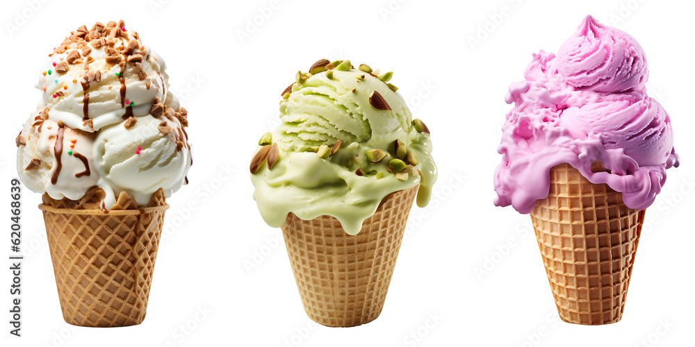 A set of three types of ice cream in waffle cups. Summer design ...