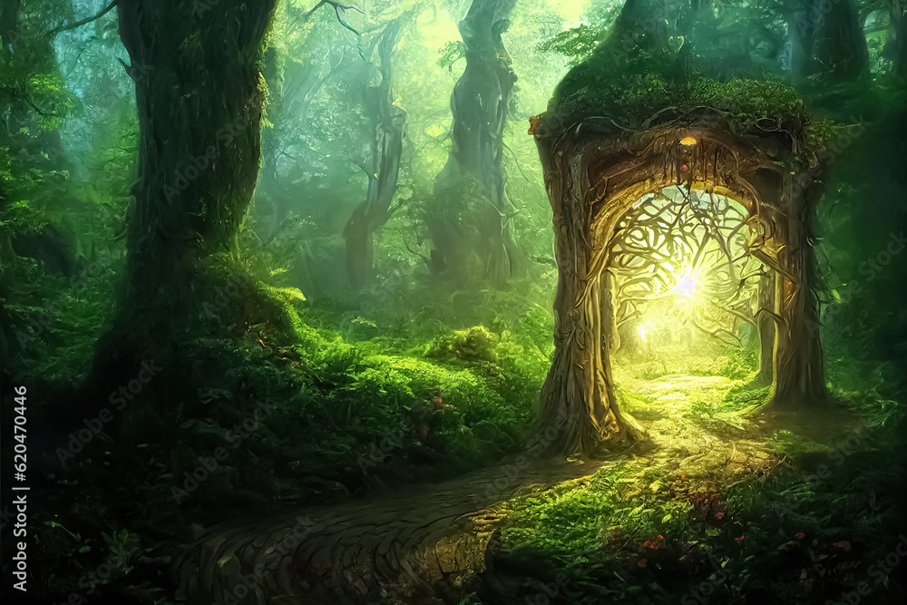 Magic teleport portal in mystic fairy tale forest. Gate to parallel ...