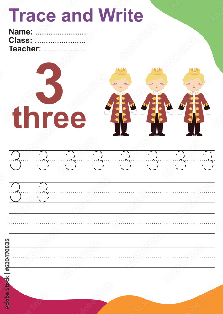 Number three tracing practice worksheet with three prince for kids ...