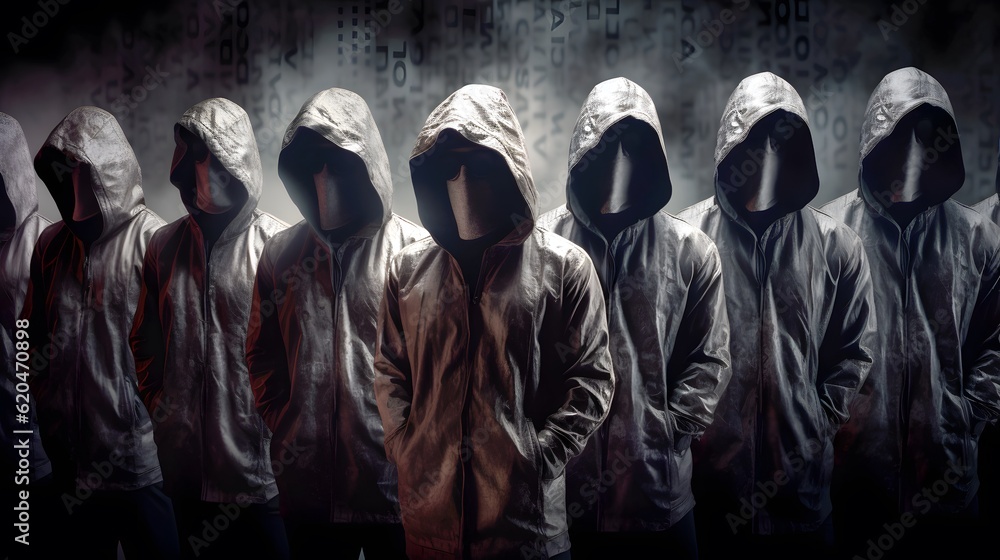 hooded computer hackers with obscured faces lined up in formation as ...