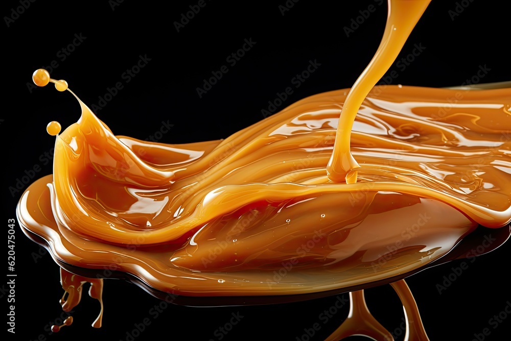 Caramel sauce flowing on flying caramel candy isolated on black ...