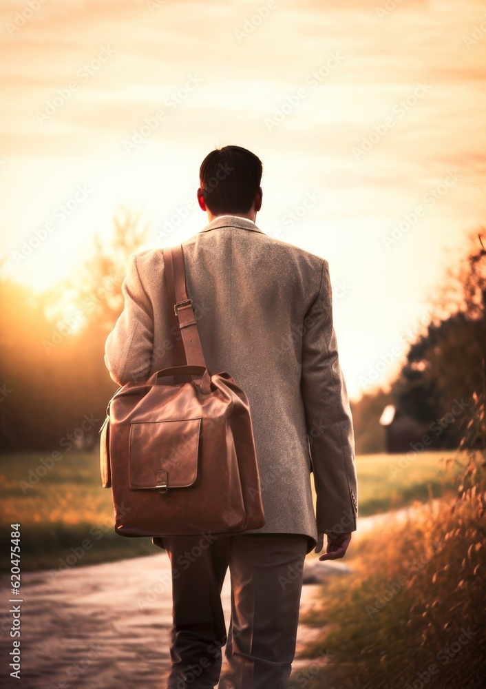 Missionary man with suitcase on his back walking through the field at ...