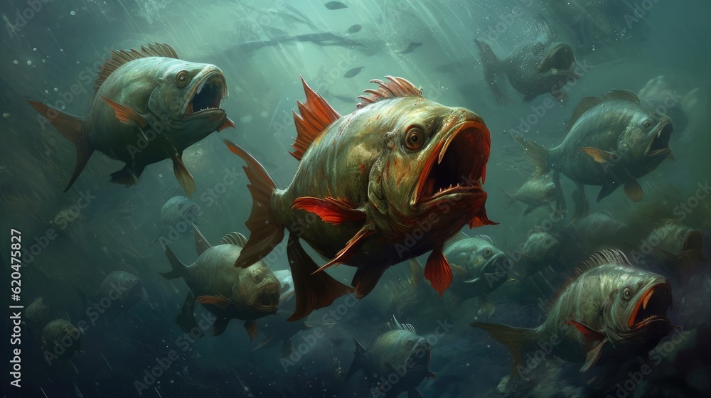 Piranhas have a robust, narrow body, a blunt head, and strong jaws with ...