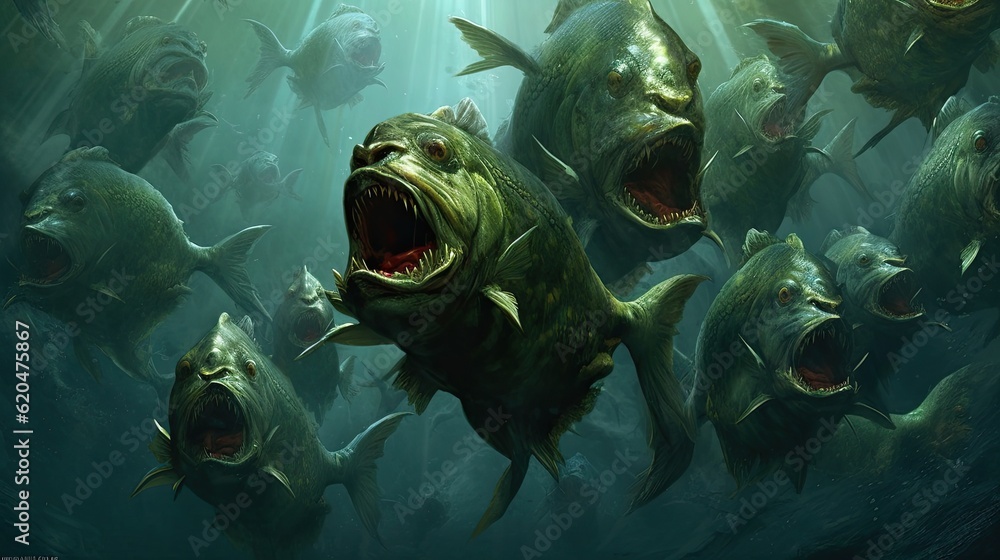 Piranhas have a robust, narrow body, a blunt head, and strong jaws with ...