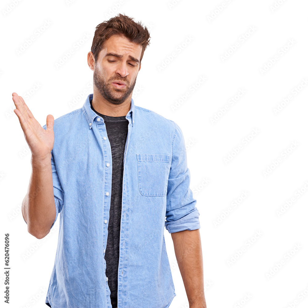 Stink in air, smell and odor with man, gesture and casual clothes ...
