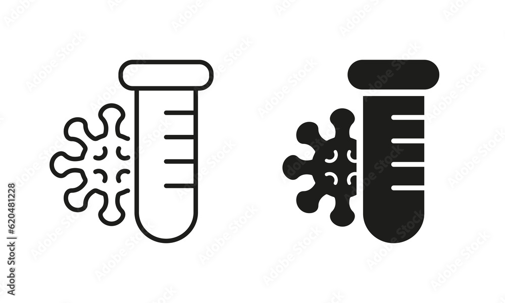 Blood Test Tube and Virus Bacteria Line and Silhouette Icon Set. Covid ...