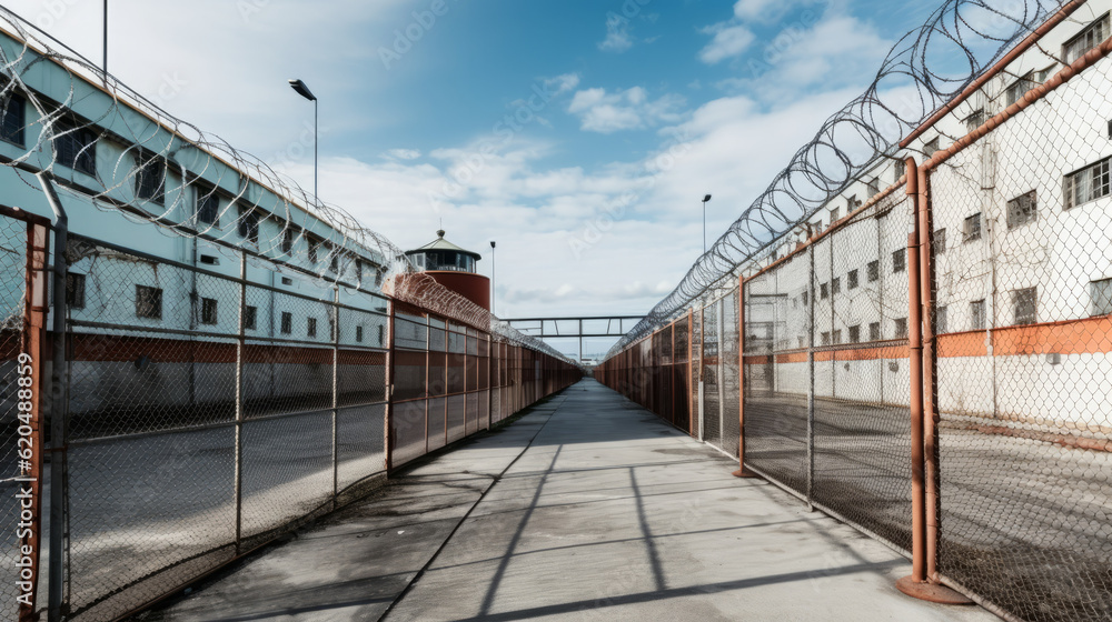 Prison walk with fences and building view Stock Illustration | Adobe Stock