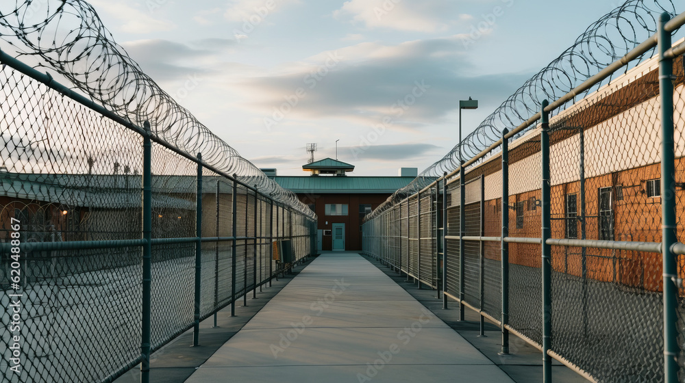 Prison walk with fences and building view Stock Illustration | Adobe Stock