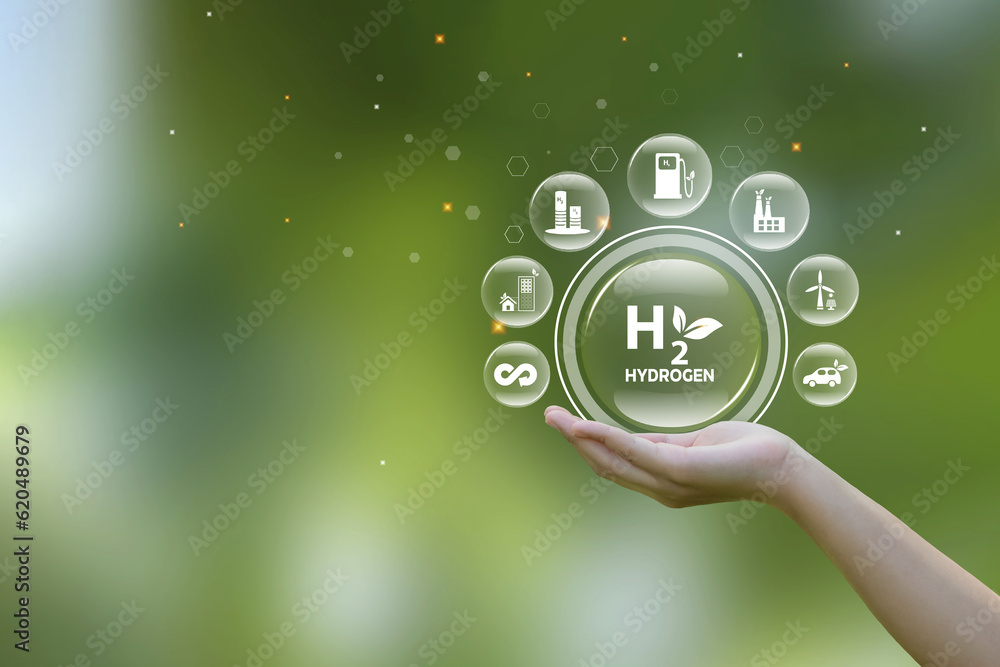 Hand holding bubbles with H2 hydrogen icons for Clean hydrogen energy ...