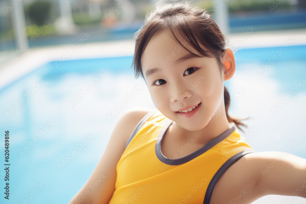 Young Chinese girl in yellow one piece swimsuit at swimming pool Stock Illustration | Adobe Stock