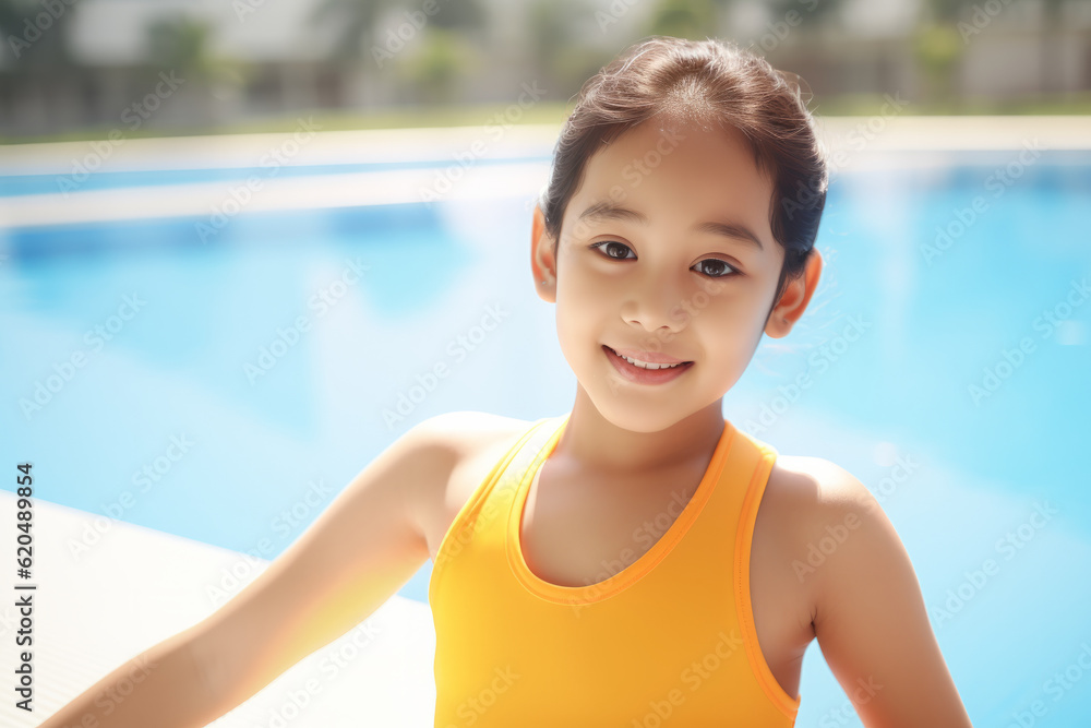 ภาพประกอบสต็อก Young Chinese girl in yellow one piece swimsuit at ...