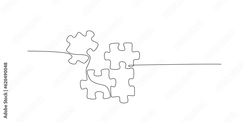 Continuous single line drawing of four puzzle pieces. Problem solving ...