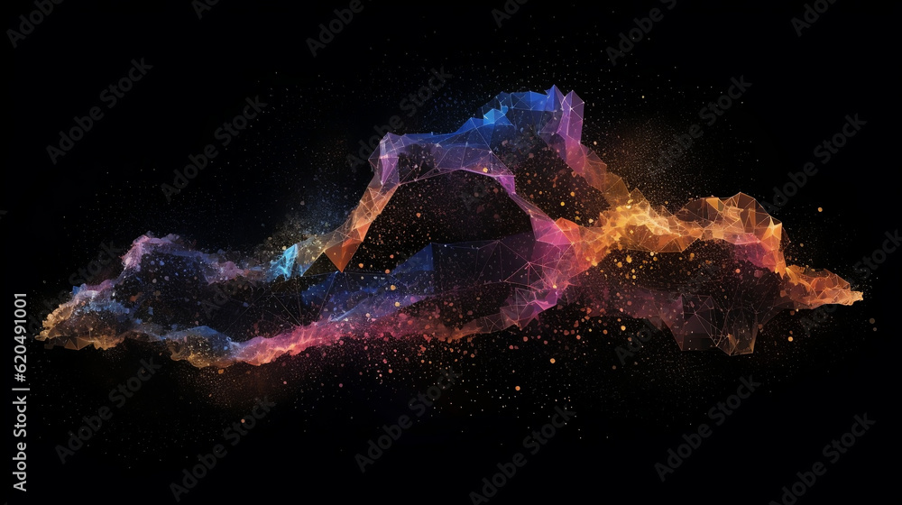 Abstract data points merging with a floating cloud, representing the cloud computing concept and ...