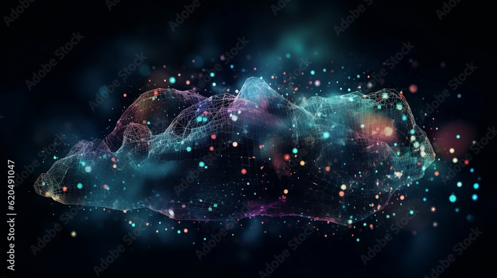 Abstract data points merging with a floating cloud, representing the cloud computing concept and ...