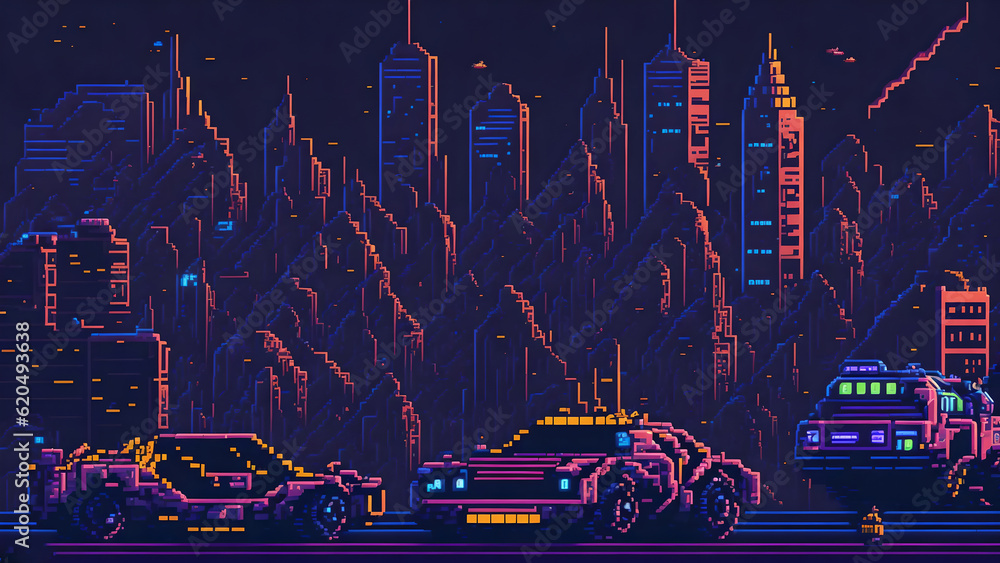 16-bit pixel art, cyberpunk cityscape, neon lights, and futuristic ...