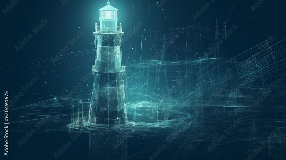 Towering lighthouse in a futuristic, digital world. Evolving technology ...