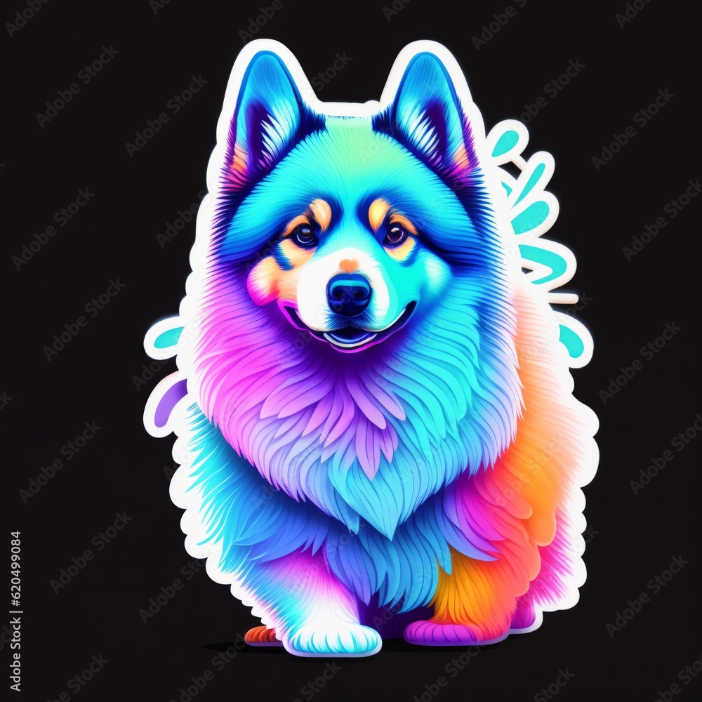 Bright drawing of a dog, American Eskimo Dog, on a T-shirt on a black ...