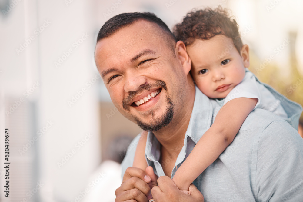 Father, family portrait and piggy back fun outdoor with a smile from ...