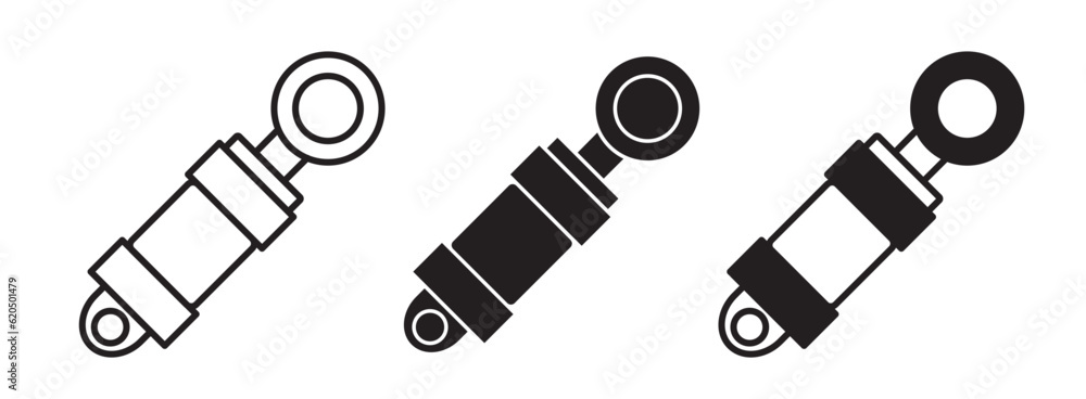 Hydraulic cylinder icon set in filled and outlined style. Black machine ...