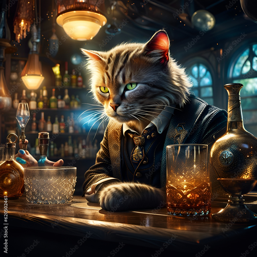 Cat Bartender serving a glass of an alcohol drick at the bar counter ...