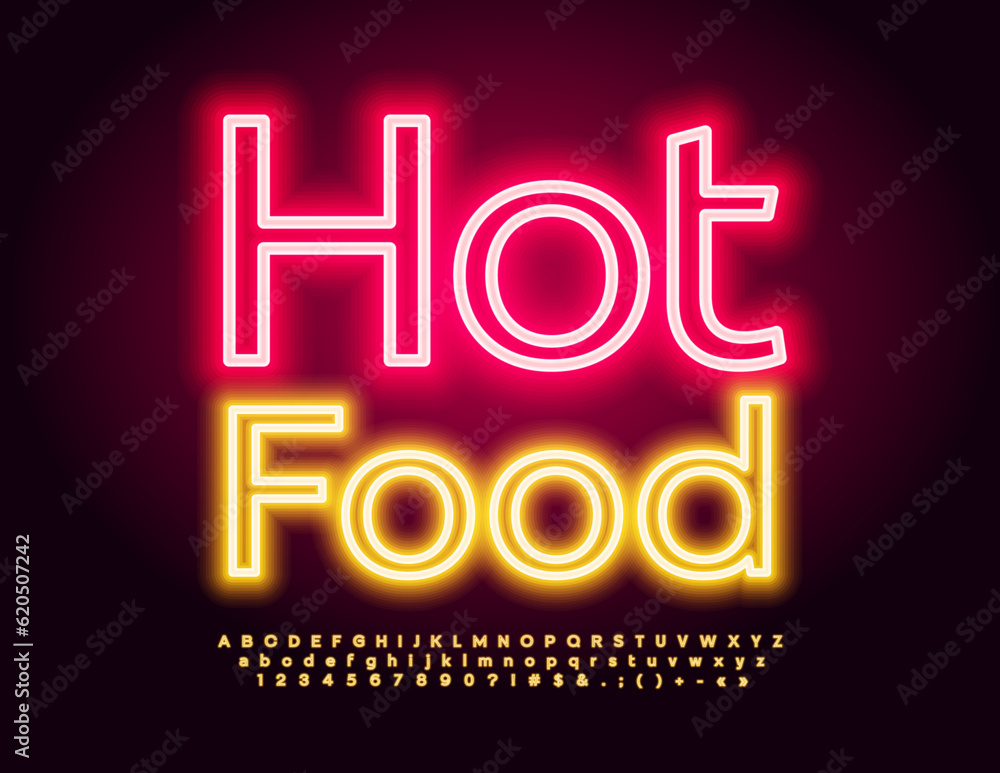 Vector advertising banner Hot Food with Yellow Neon Font. Illuminated ...