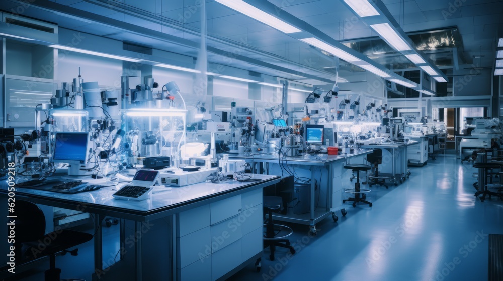 A high-tech clean room where scientists work with nanotechnology. The ...