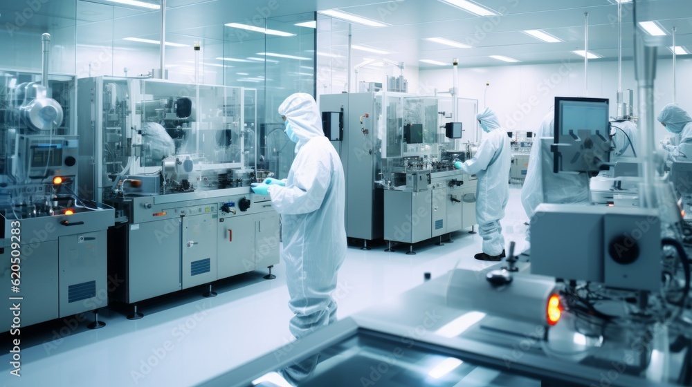 A high-tech clean room where scientists work with nanotechnology. The room is filled with ...