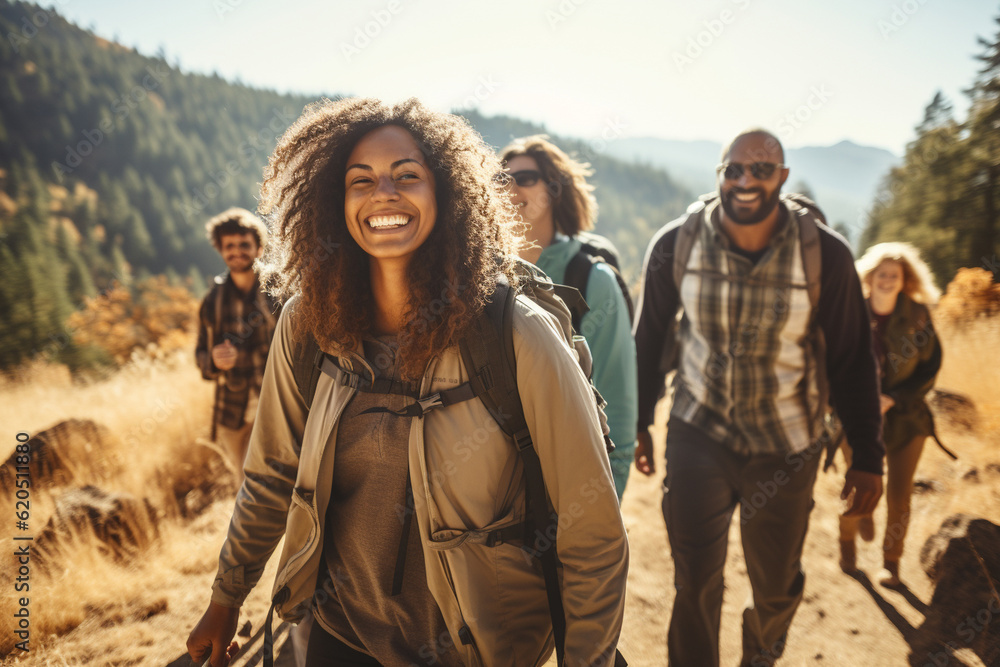 A diverse group of people hiking together on a scenic mountain trail ...