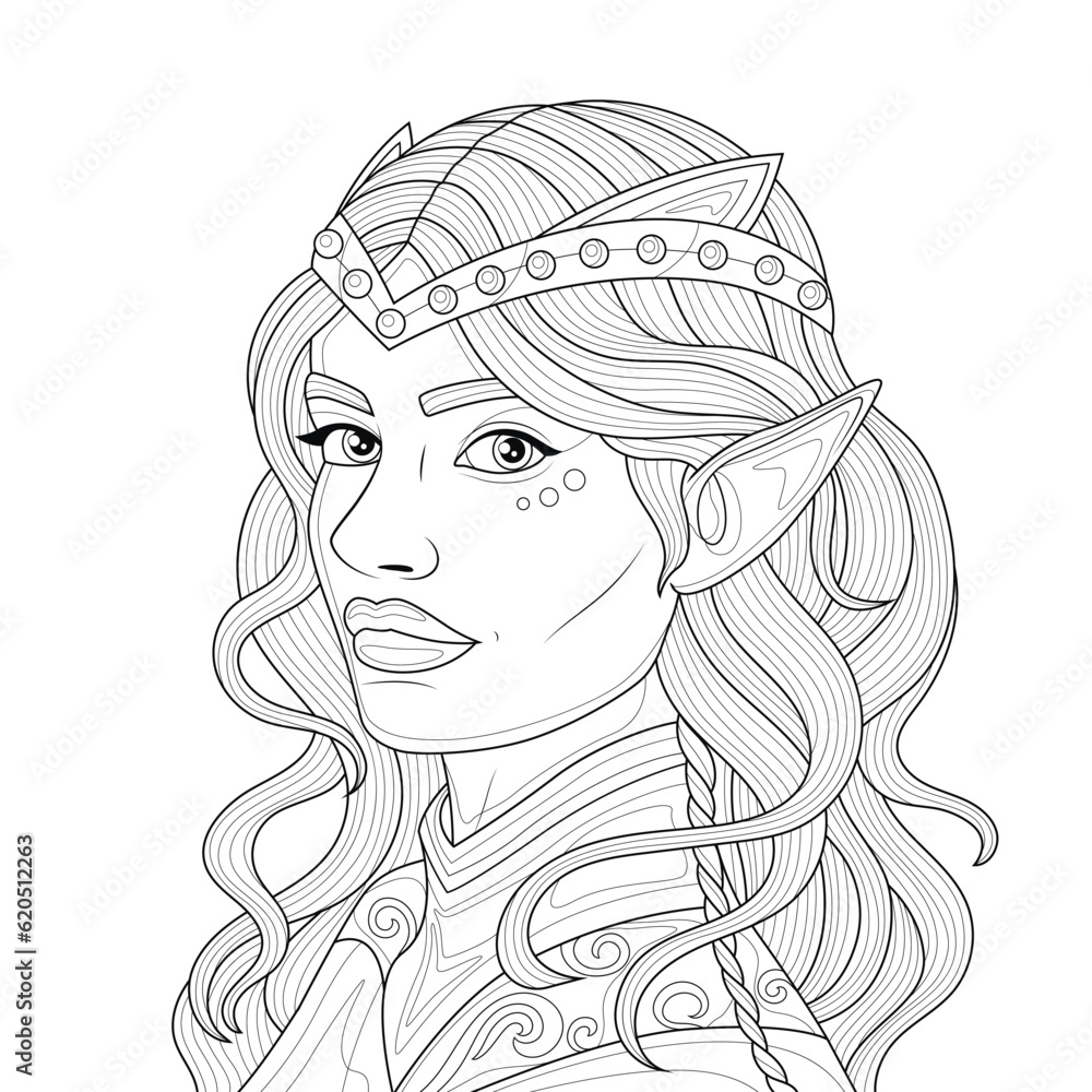 Elf girl.Coloring page antistress for children and adults. Illustration ...