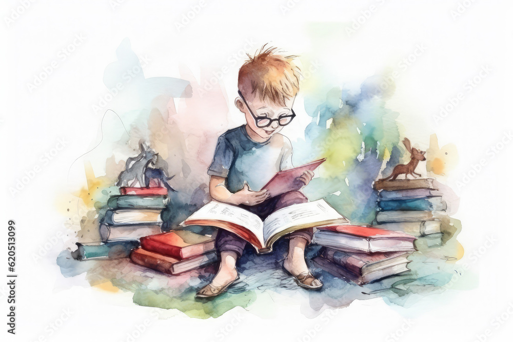 Watercolor drawing with kid reading children's book, evoking a sense of ...
