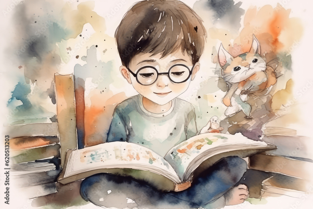 Watercolor drawing with kid reading children's book, evoking a sense of ...