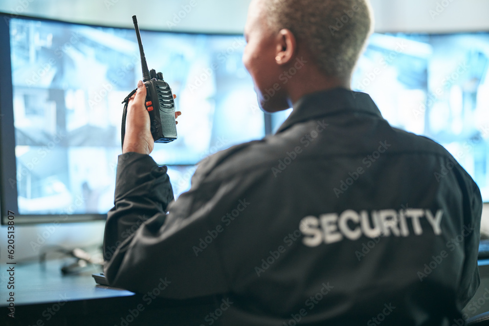 Back, security and radio surveillance with a woman officer in a control ...