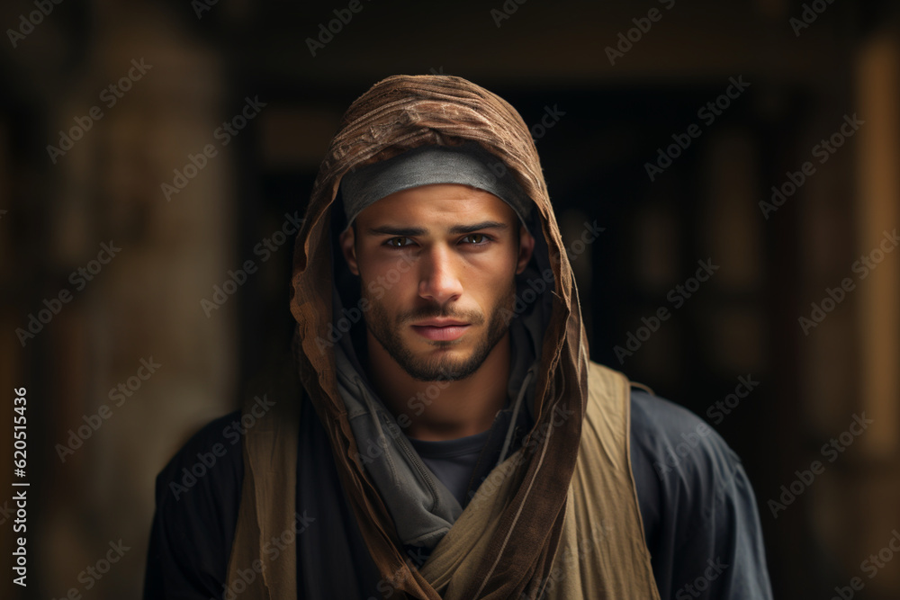 the confidence and determination of a Muslim guy, capturing his gaze ...