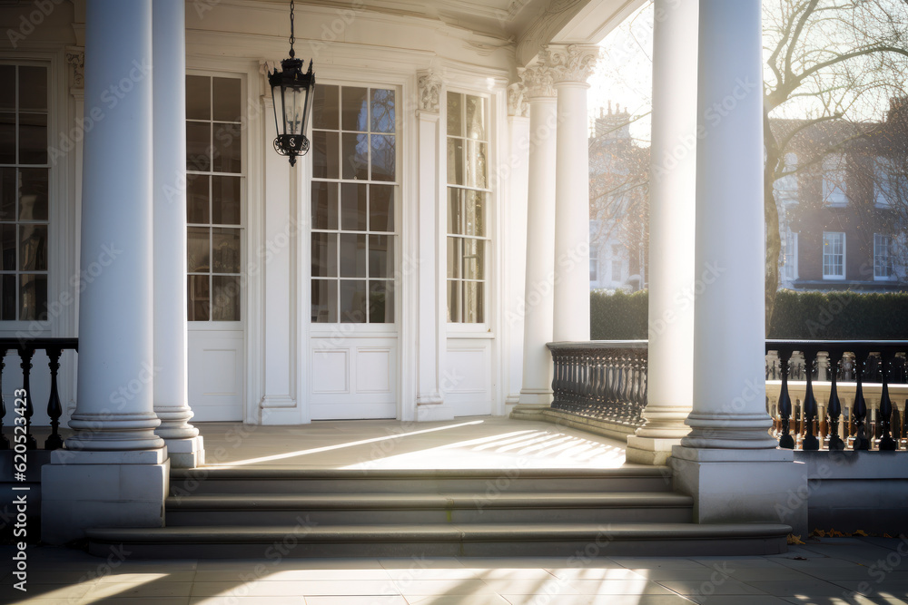 Porch of an old classical mansion with columns and a balustrade ...