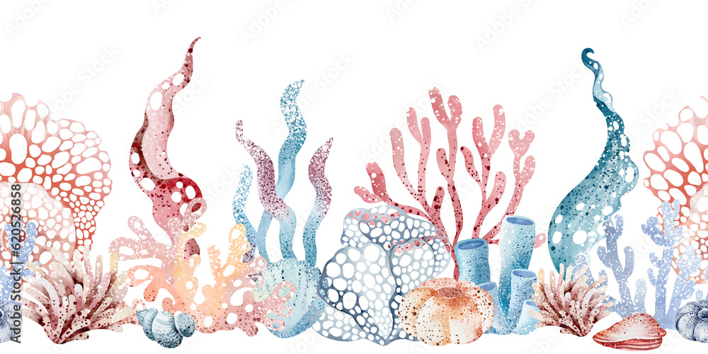 marine seamless border of underwater marine animals and plants octopus ...