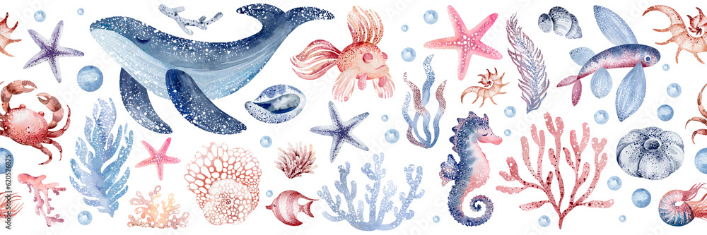 marine seamless border of underwater marine animals and plants octopus ...