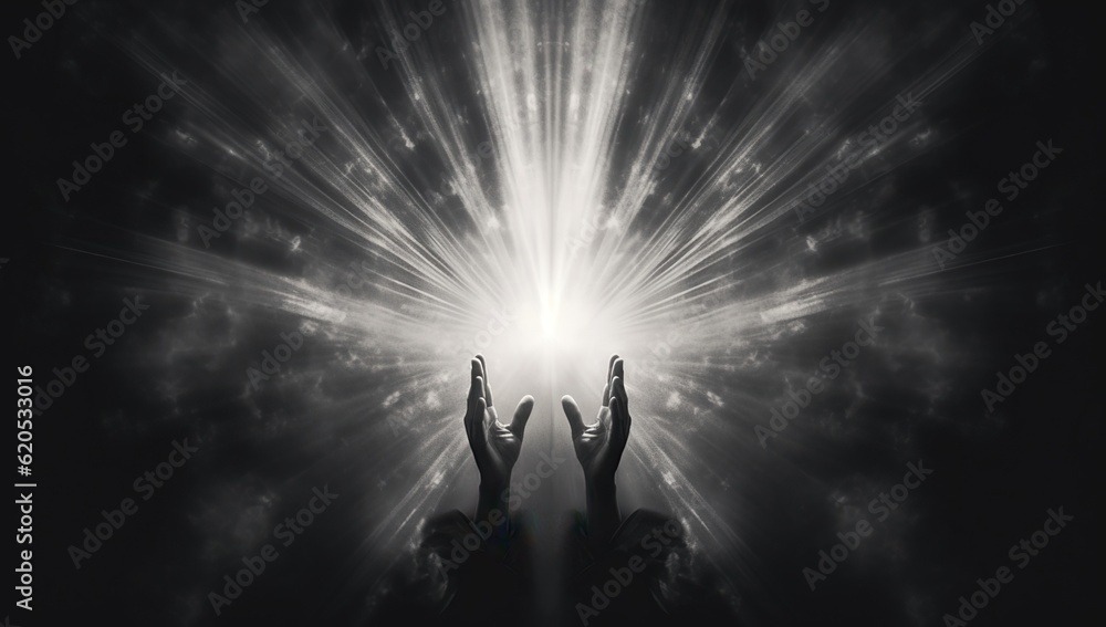 Praying Hands Extend Towards Monochrome Heavenly Rays - Generative ai ...