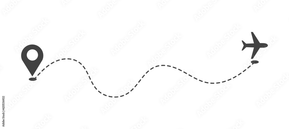 Airplane and location in a dotted line. The waypoint for a new location ...