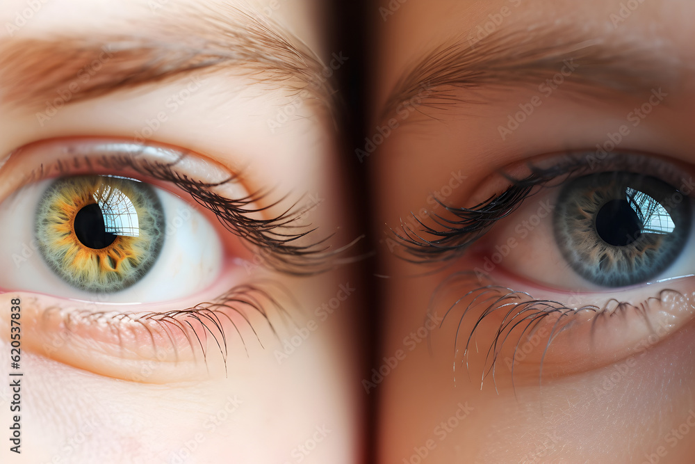 Partial iris heterochromia. Extreme close-up image of two human eyes ...