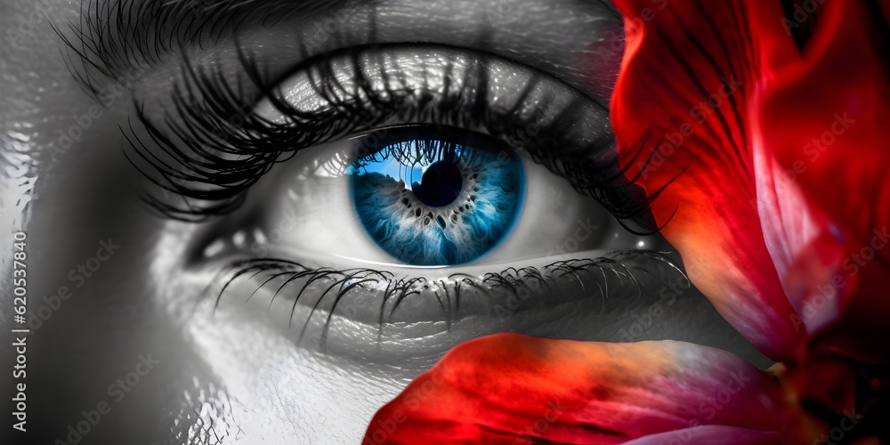 Partial iris heterochromia. Extreme close-up image of blue human eye ...