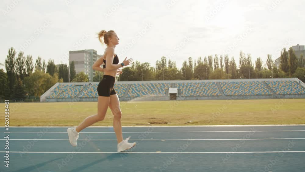 Profile shot of attractive young blonde running on athletics track in ...