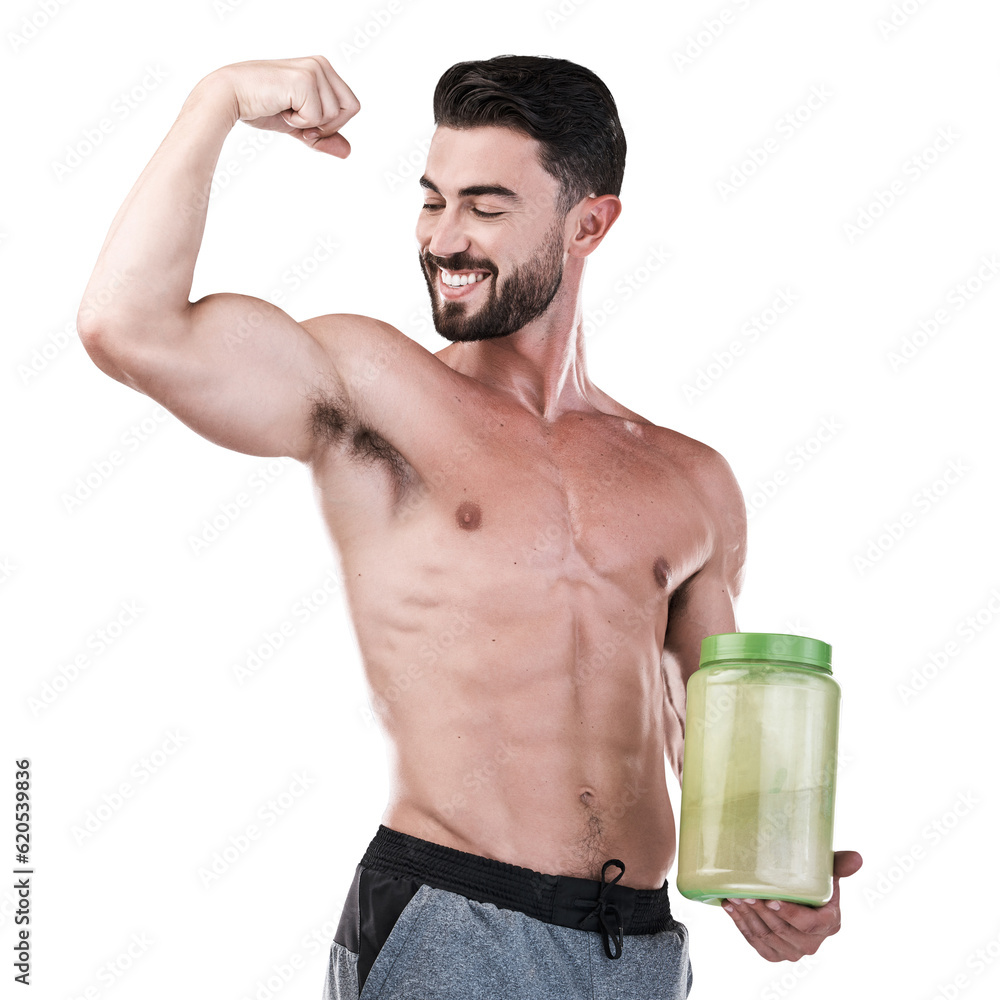 Protein shake, fitness and muscle of man for workout, health and ...