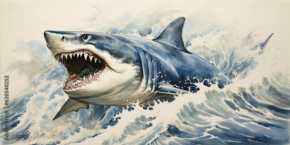 shark drawing a watercolor painting of a shark dynamic pose within ...