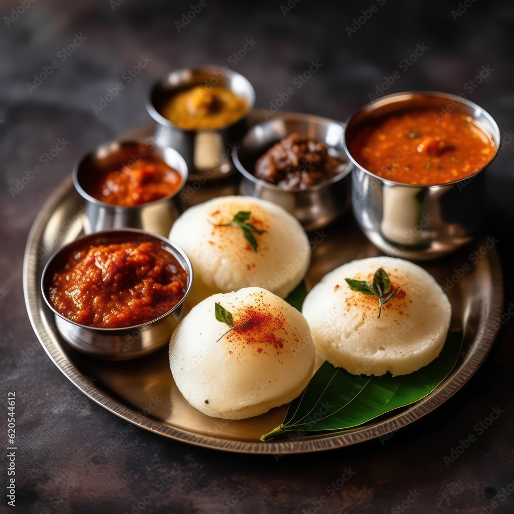 sambar and idli on autentic plate simple isolated white background ...