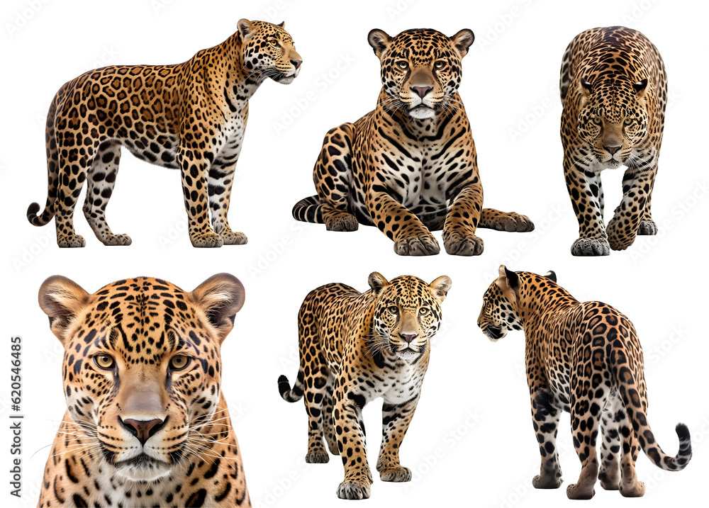 Jaguar, many angles and view portrait side back head shot isolated on ...