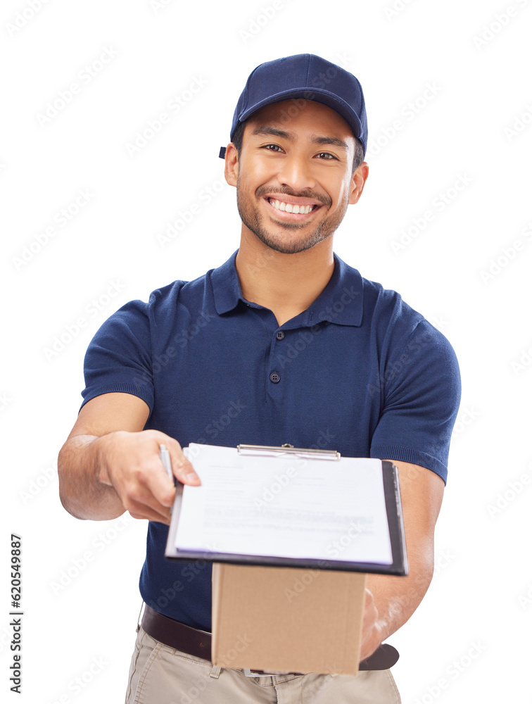 Clipboard, package and portrait of courier man for signature, invoice ...