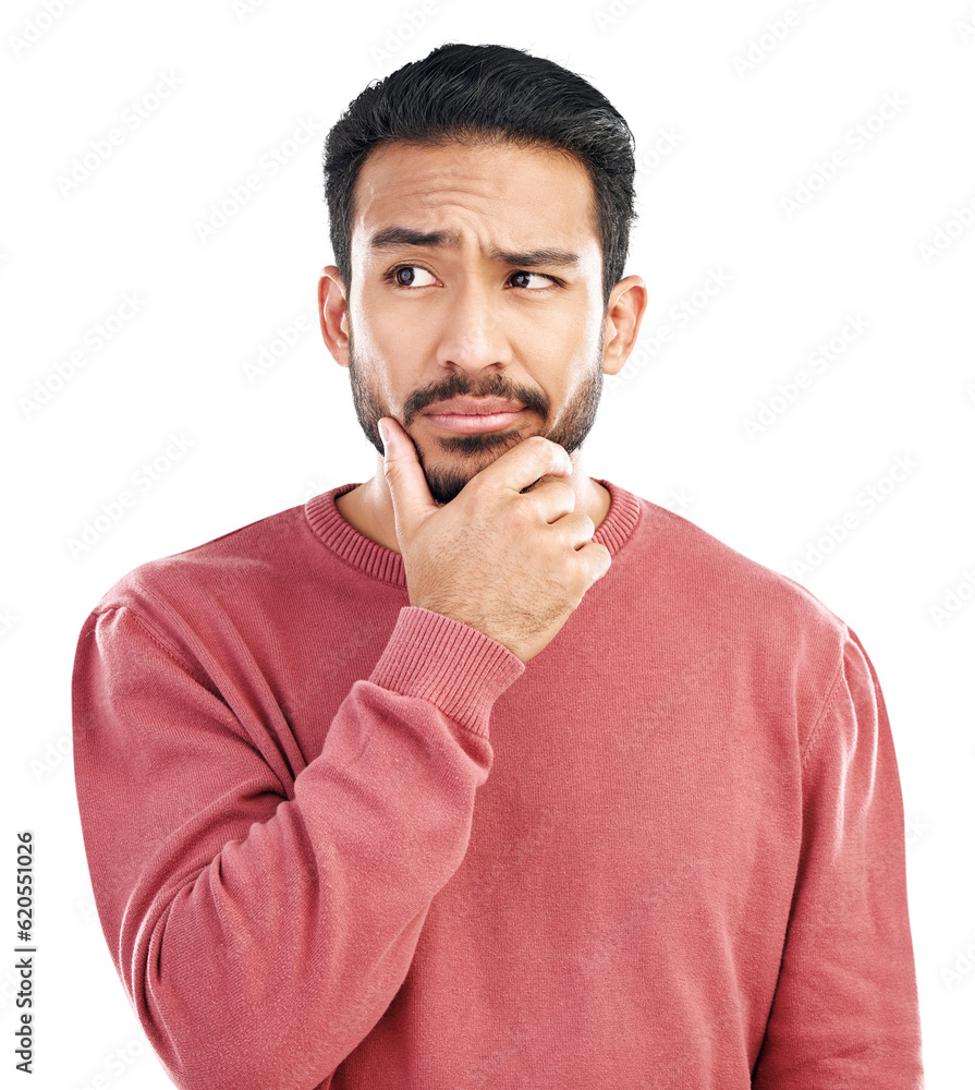 Foto de Choice, thinking and confused asian man with questions on ...