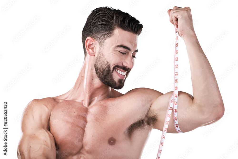 Exercise, muscle and man with tape measure for biceps, body and ...