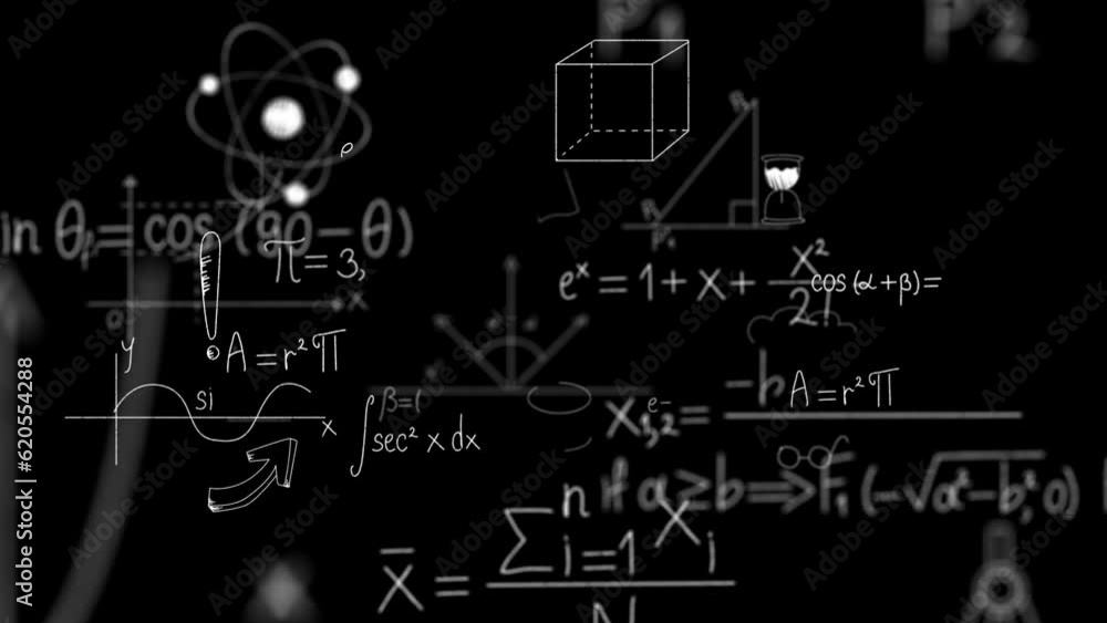 Flying Math Formulas, geometry figures and science doodles on the black ...