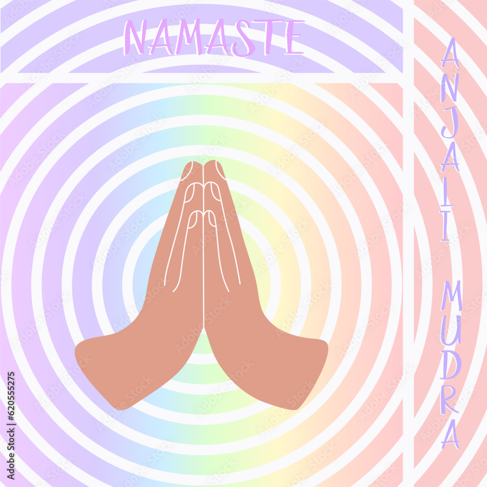 Namaste hand gesture on rainbow background. Anjali mudra vector ...